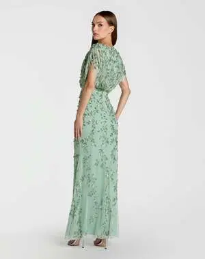 Mac Duggal Beaded V-neck Short Sleeve Blouson Gown - Green