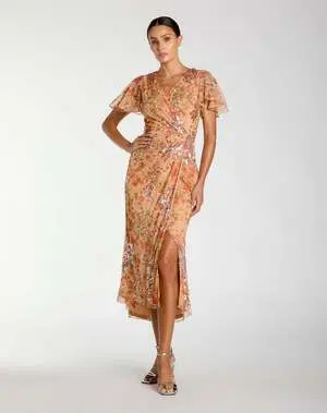 Mac Duggal Embellished Floral Flutter Sleeve Midi Dress - Orange