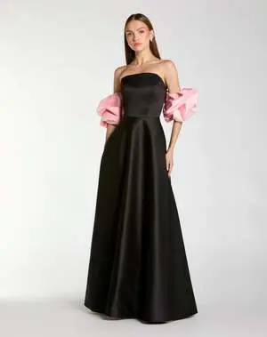 Mac Duggal Black Satin Ball Gown With Colorblock Puff Sleeves - Black Pink