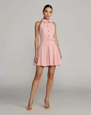 Mac Duggal Pleated A-line Mini Dress With Pearl Button Detail - Pink