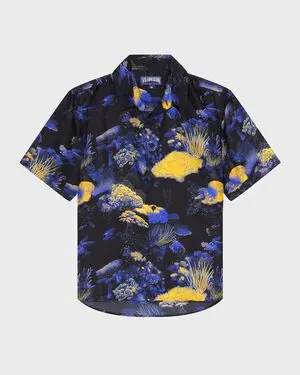 Vilebrequin Silk Bowling Shirt Coral Reef Shirt Courbis - Black