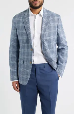 Nordstrom Henrik Trim Fit Plaid Slub Linen & Cotton Blend Sport Coat - Blue Enzo Plaid