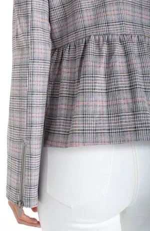 LIVERPOOL Plaid Peplum Zip Jacket - Grey/blush Plaid