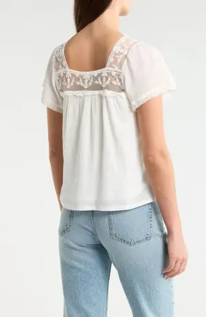 Lucky Brand Lace Mesh Square Neck Top - Cream