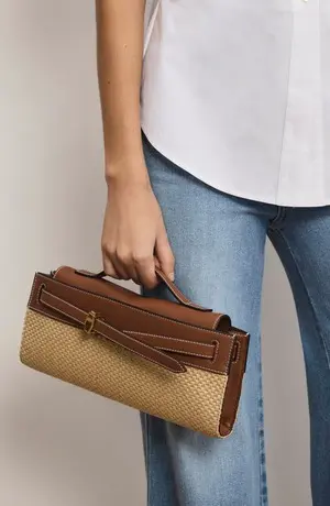 Veronica Beard Dash Leather & Raffia Clutch