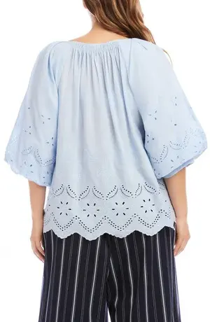 Karen Kane Eyelet Embroidered Cotton Button-up Top - Blue