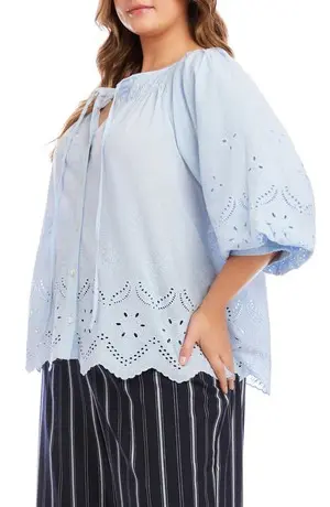 Karen Kane Eyelet Embroidered Cotton Button-up Top - Blue