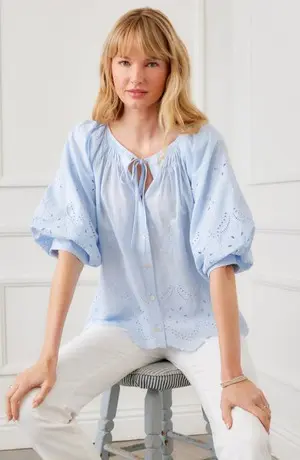 Karen Kane Eyelet Embroidered Cotton Button-up Top - Blue