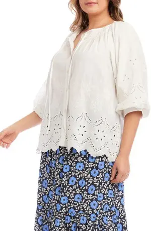 Karen Kane Eyelet Embroidered Cotton Button-up Top - White