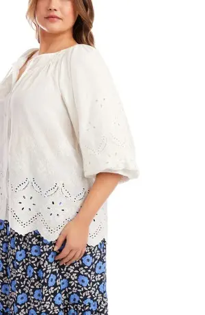 Karen Kane Eyelet Embroidered Cotton Button-up Top - White