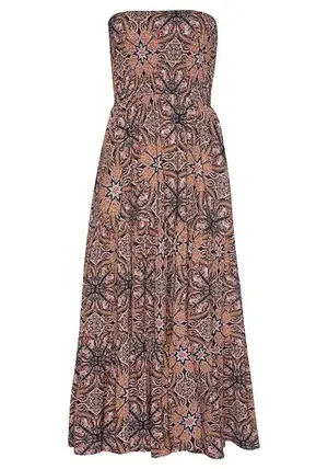 LASCANA Printed Smocked Convertible Maxi Dress - Brown Multi