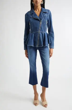 L'Agence Moxie Denim Peplum Biker Jacket