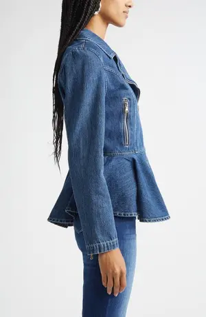 L'Agence Moxie Denim Peplum Biker Jacket