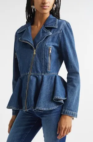 L'Agence Moxie Denim Peplum Biker Jacket