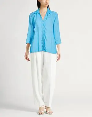 120% Lino Shirt In Linen With Gathered Details - Blue