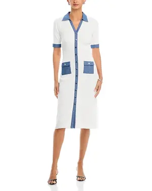 T Tahari Elbow Sleeve Ribbed Sweater Dress - White Star/denim