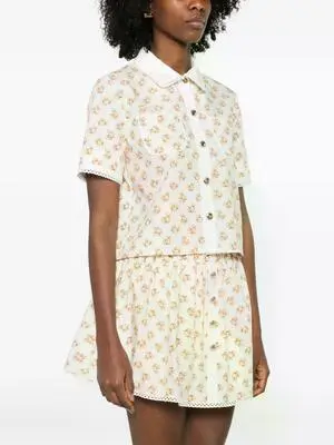 Maje Floral Print Cropped Shirt With Lace Trim