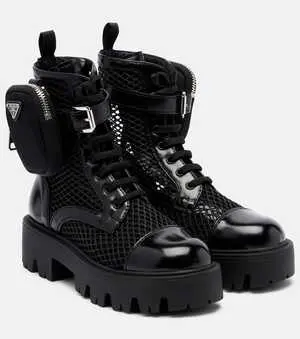 Prada Leather-trimmed Mesh Combat Boots