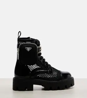 Prada Leather-trimmed Mesh Combat Boots