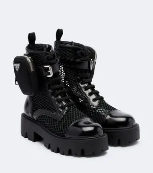 Prada Leather-trimmed Mesh Combat Boots - Black