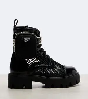 Prada Leather-trimmed Mesh Combat Boots