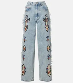 MARANT ETOILE Maella Embroidered Fringed Straight Jeans - Blue
