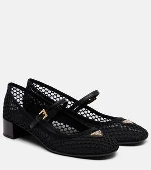 Prada Leather-trimmed Mesh Mary Jane Pumps - Black