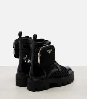 Prada Leather-trimmed Mesh Combat Boots