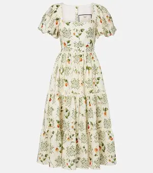 Agua Bendita Embellished Printed Linen Midi Dress - White
