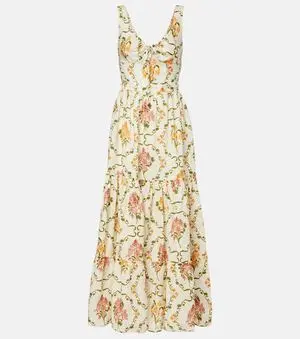 Agua Bendita Azulejo Floral Linen Maxi Dress - White