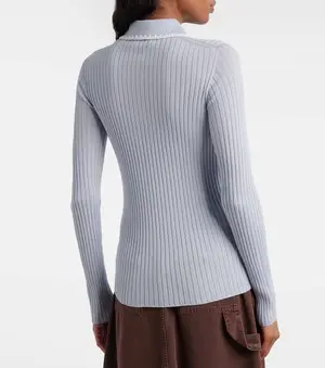 Moncler Ribbed-knit Virgin Wool Polo Sweater - Blue