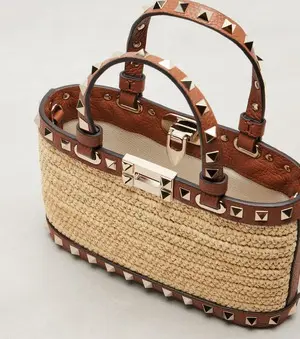 Valentino Garavani Rockstud Mini Raffia Tote Bag - Beige