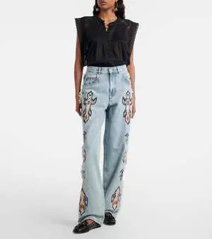 MARANT ETOILE Maella Embroidered Fringed Straight Jeans