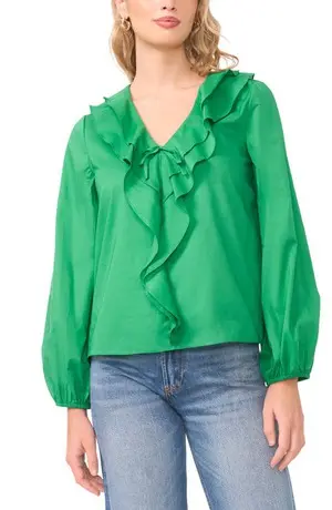 Vince Camuto Ruffle V-neck Cotton Top - Field Green