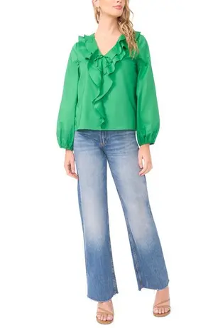 Vince Camuto Ruffle V-neck Cotton Top - Field Green