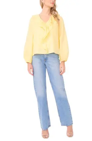 Vince Camuto Ruffle V-neck Cotton Top - Lemon Cream