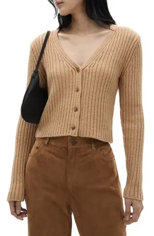 Mango V-neck Rib Cardigan - Medium Brown