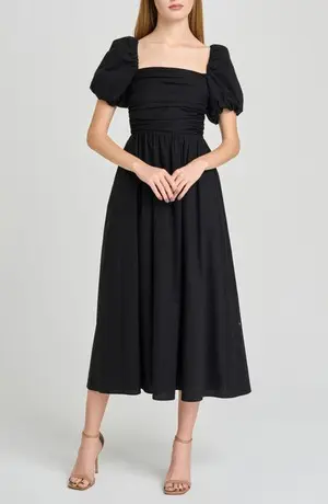 WAYF Lucy Ruched Puff Sleeve Midi Dress - Black