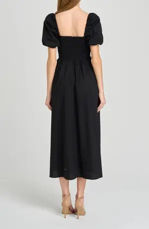 WAYF Lucy Ruched Puff Sleeve Midi Dress - Black