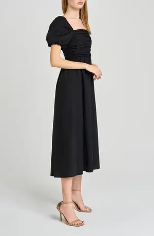 WAYF Lucy Ruched Puff Sleeve Midi Dress - Black