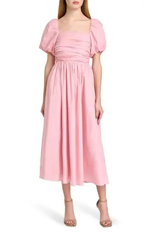 WAYF Lucy Ruched Puff Sleeve Midi Dress - Pink