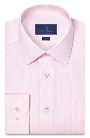 David Donahue Trim Fit Microcheck Cotton Dobby Dress Shirt - Pink