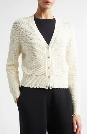St. John Perlé Crepe Wool Blend Cardigan - Ecru