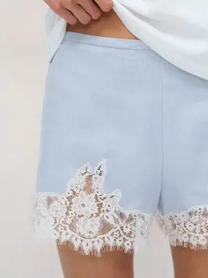REFORMATION Fern Linen Shorts With Lace Hem - Blue