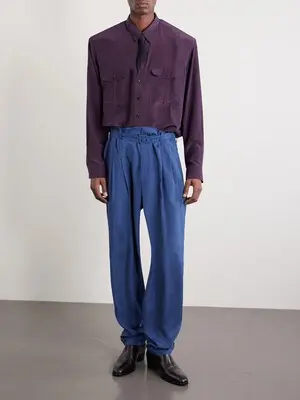 Saint Laurent Tapered Belted Pleated Silk Trousers