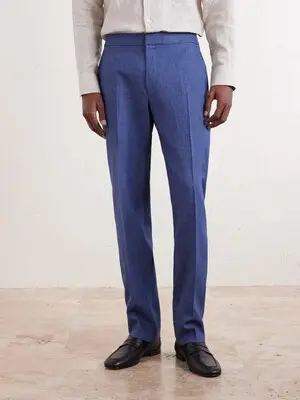 Zegna Tapered Pleated Linen Trousers - Blue