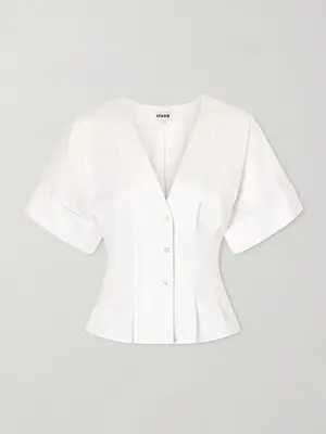 Staud Elle Pleated Cotton-blend Poplin Blouse