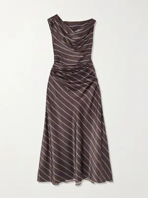 Staud Phare Draped Striped Stretch-silk Midi Dress - Brown