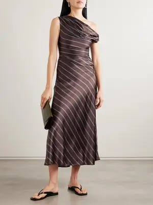Staud Phare Draped Striped Stretch-silk Midi Dress - Brown
