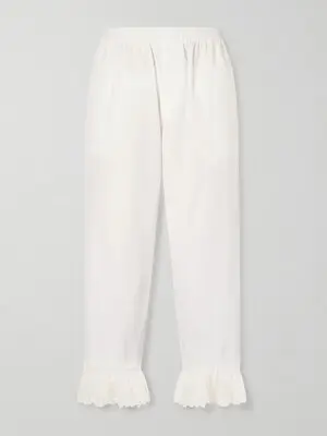Saint Laurent Cropped Ruffled Lace-trimmed Cotton-poplin Straight-leg Pants - White